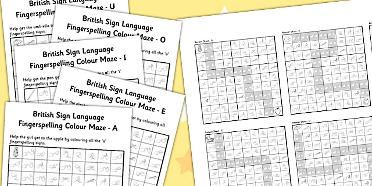 British Sign Language Fingerspelling Colour Maze Vowel Pack
