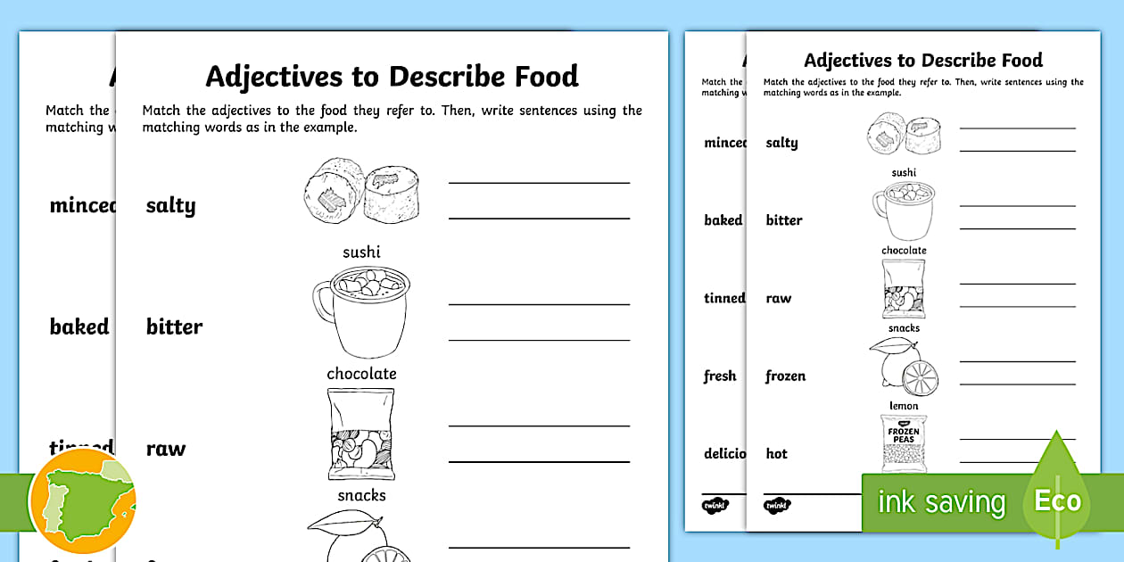 B1 Ficha de actividad: Relaciona los adjetivos - La comida en inglés