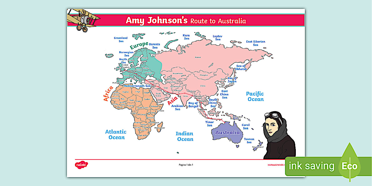 Amy Johnson Route to Australia Map (teacher made) - Twinkl