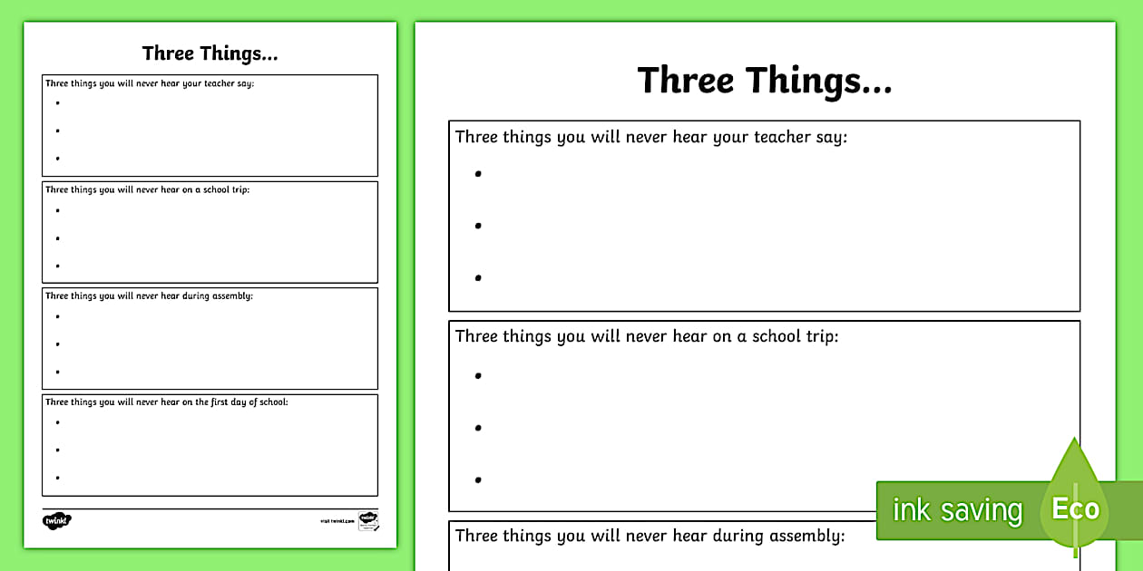 Year 6 Back to School Three Things You Would Never Worksheet / Worksheet