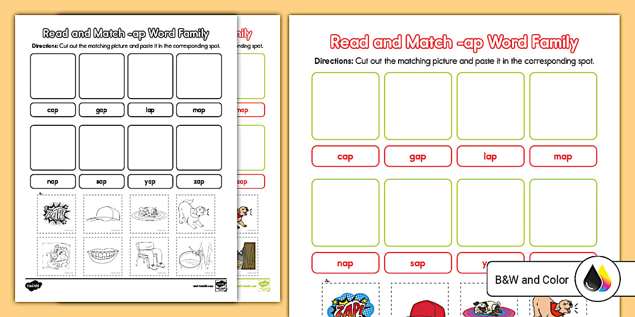 Read and Match -ap Word Family Worksheet for K-1st Grade