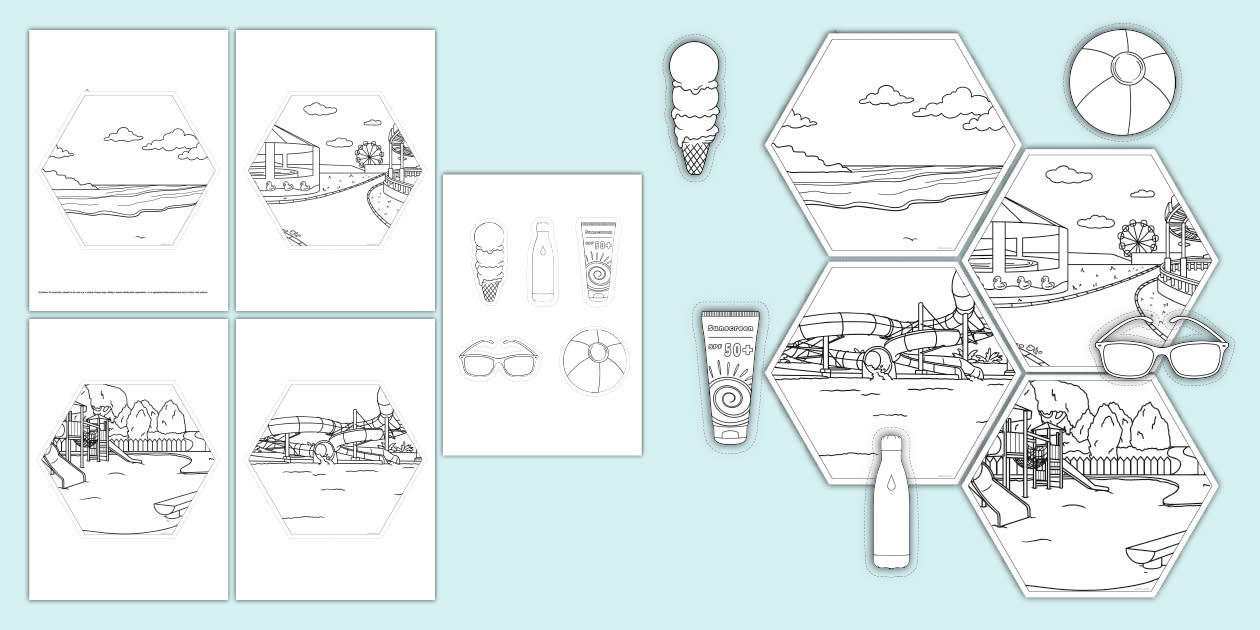 Summer Colouring Hexagon Display Colouring Activity - Twinkl