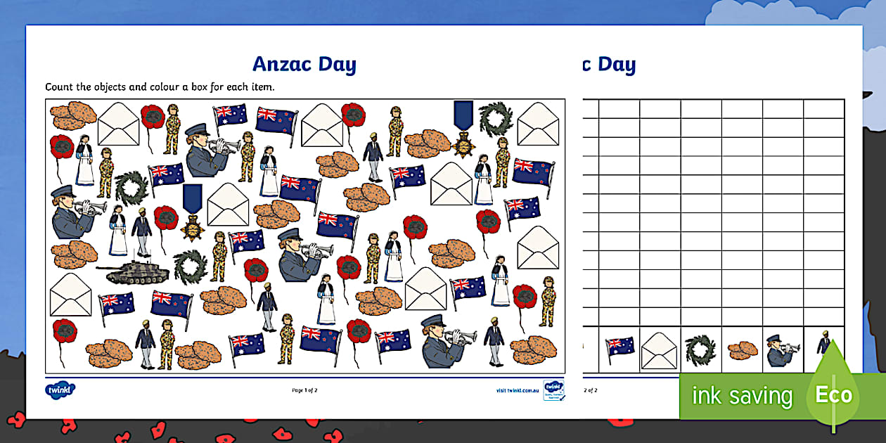 TAS Anzac Day Count and Graph Worksheet (teacher made)