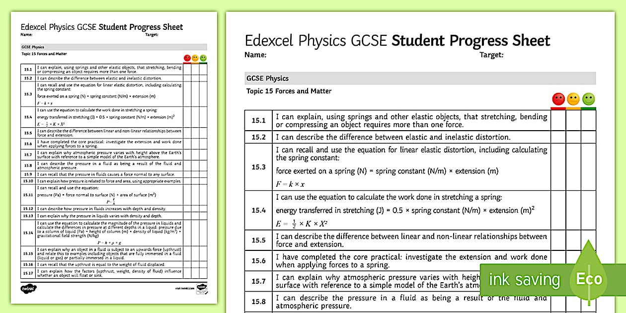 Edexcel Style GCSE Physics, Forces and Matter Progress Sheet
