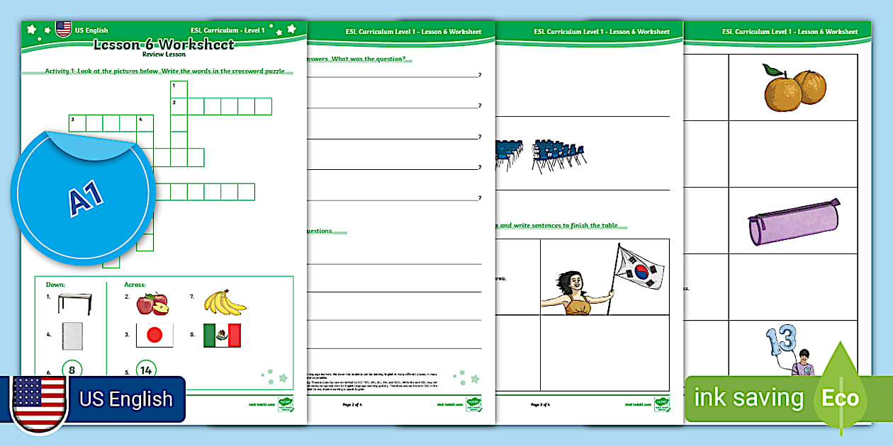 ESL Curriculum (US-English) Level 1, Lesson 6 Worksheet