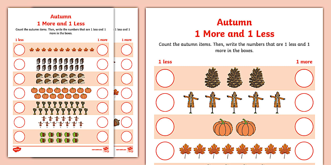 👉 Autumn-Themed 1 More and 1 Less Worksheet - Twinkl