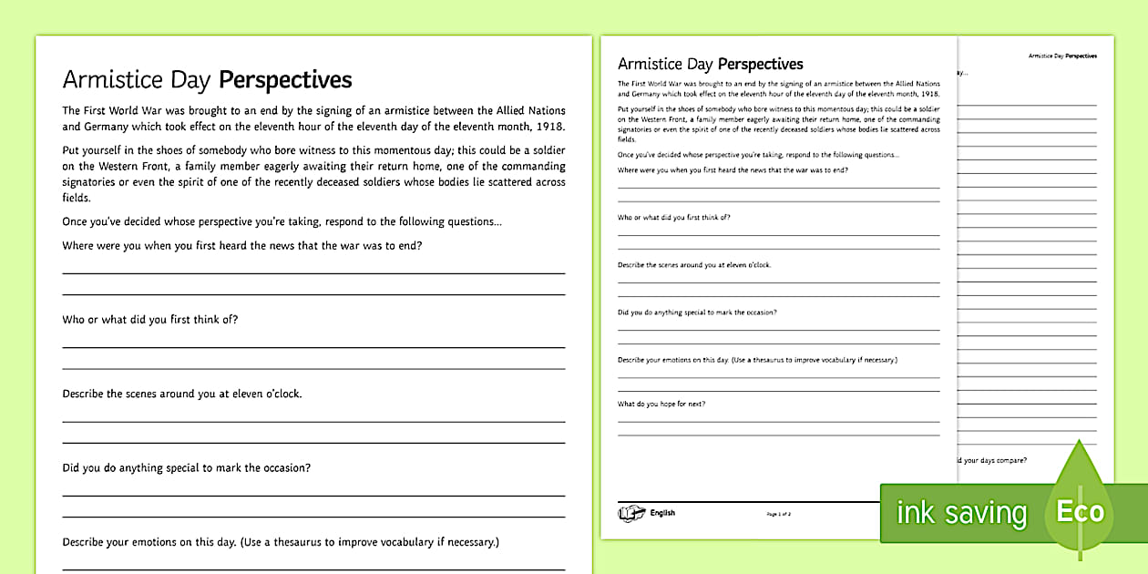 Editable Armistice Day: Perspectives Worksheet - Twinkl