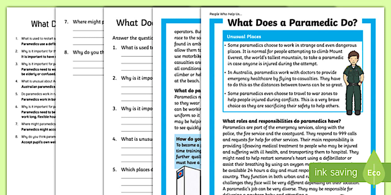 What Does A Paramedic Do? Reading Comprehension - Twinkl