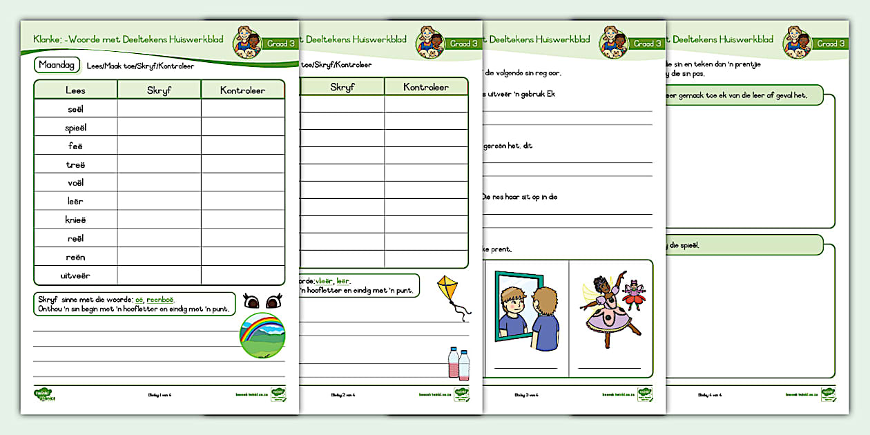 Graad 3 Klanke Huiswerkblad Woorde met Deeltekens - Twinkl