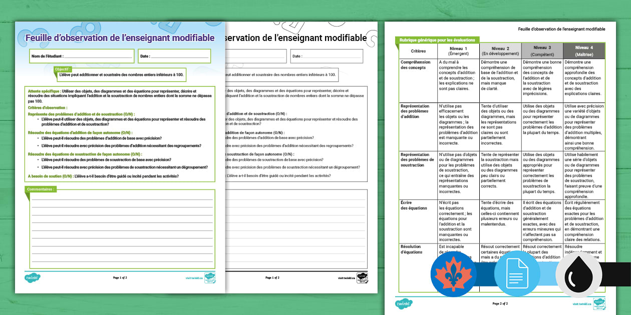 Grade 2 Editable Teacher Observation Sheet for Addition and Subtraction ...