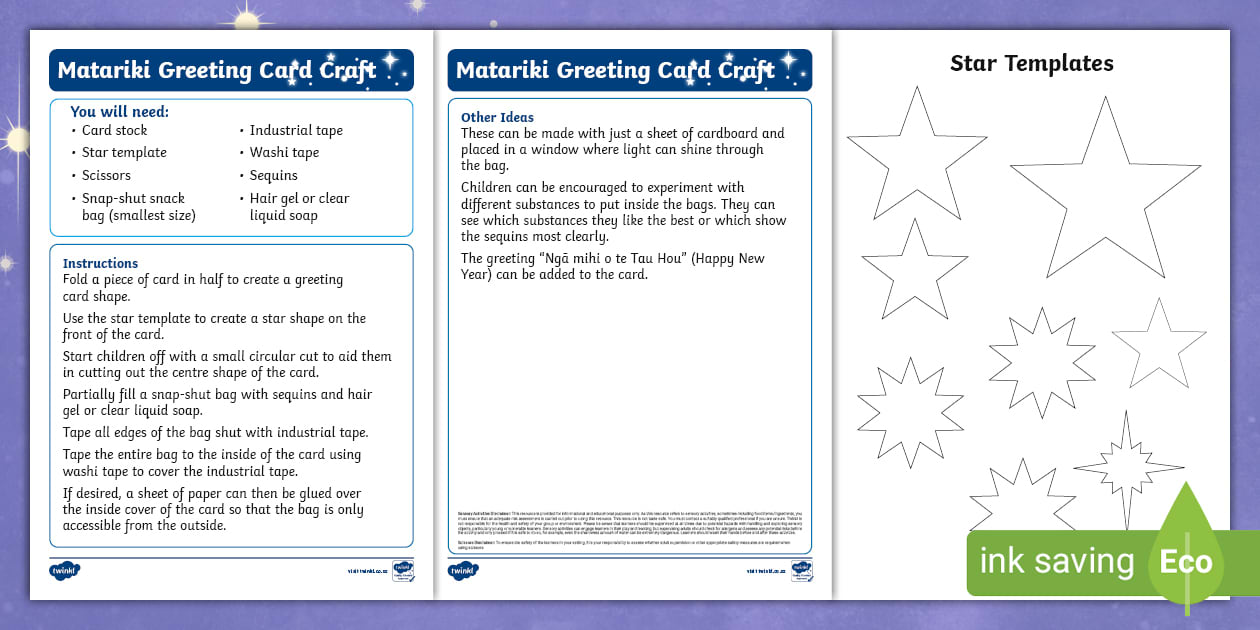 Kids Crafts | Matariki Sensory Stars Greetings Card Template
