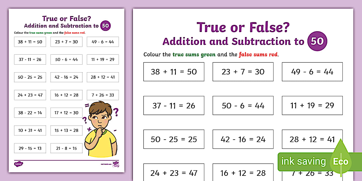 True or False Addition and Subtraction to 50 Activity Sheet