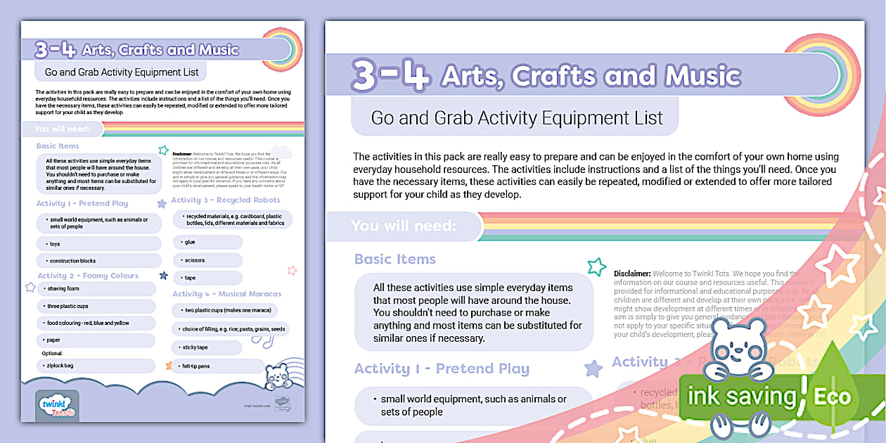 3-4 Years Arts, Crafts and Music Activity Equipment List