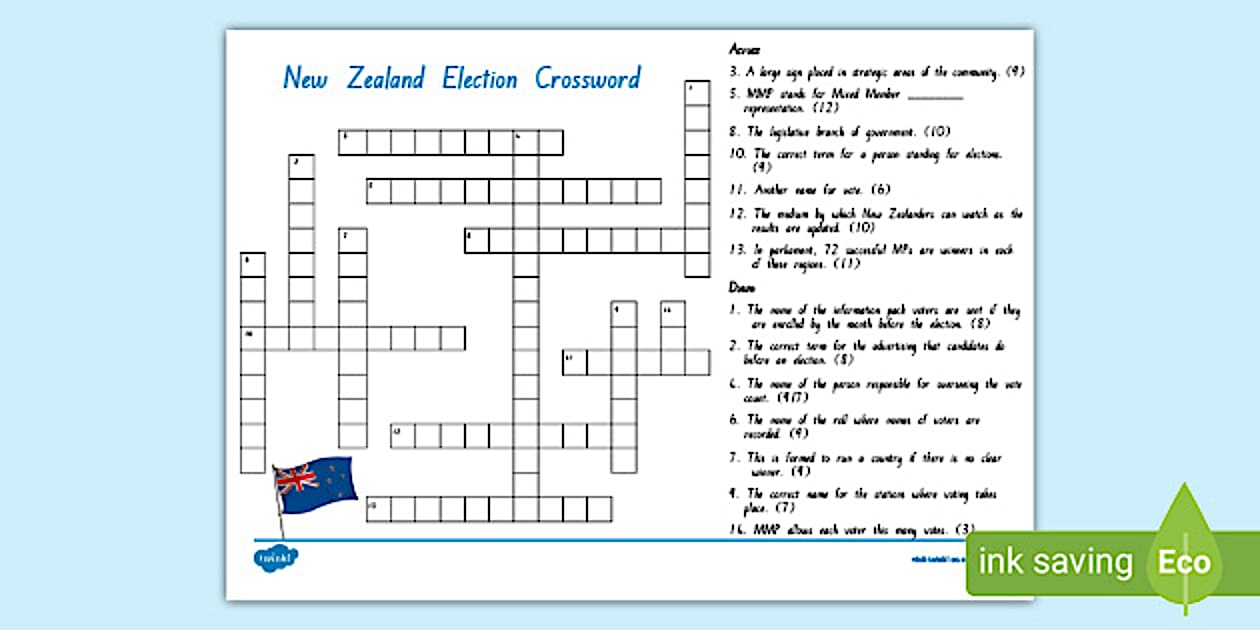 New Zealand Election Crossword (teacher made) - Twinkl