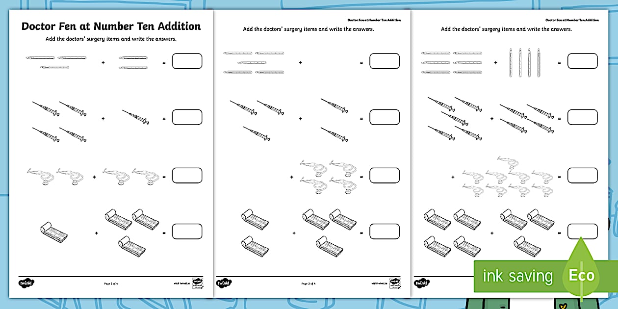 Exploring My World Aistear Doctor Fen at Number Ten Addition Worksheet