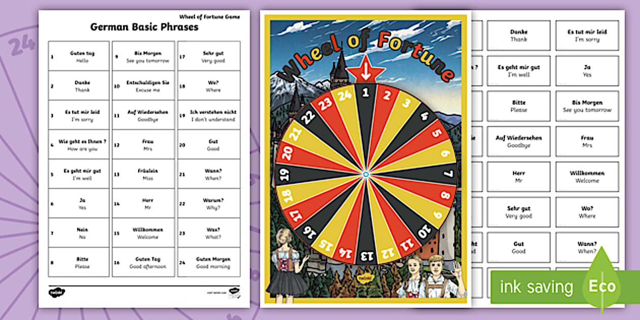German Basic Phrases Wheel of Fortune Spinning Wheel Activity Pack
