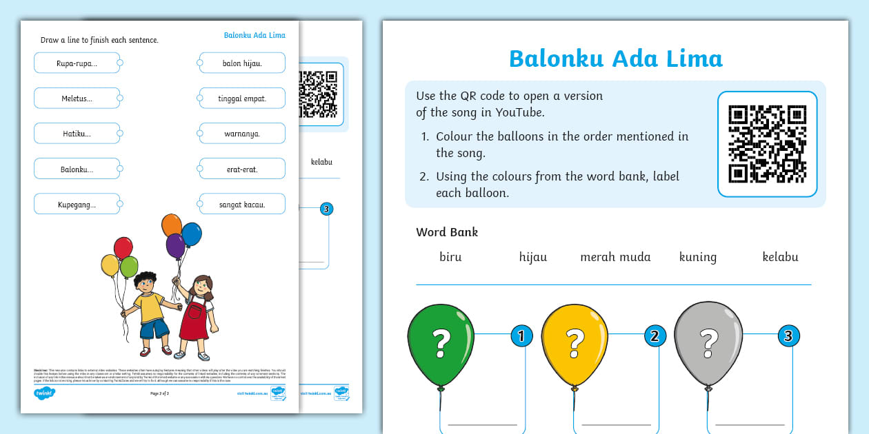 Indonesian Song Balonku Ada Lima Comprehension - Twinkl