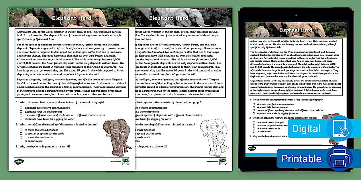 Seventh Grade Elephant Herd Reading Passage Comp Worksheet