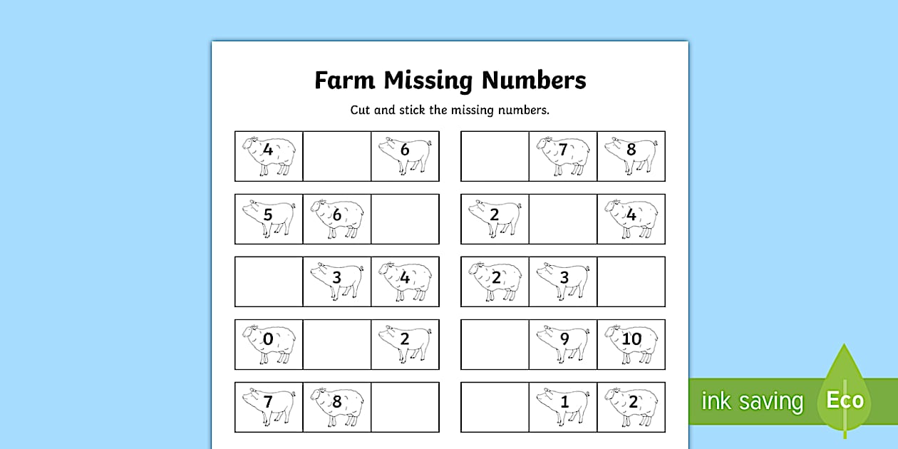 Middle Ability Farm Themed Missing Numbers Worksheet 10-20
