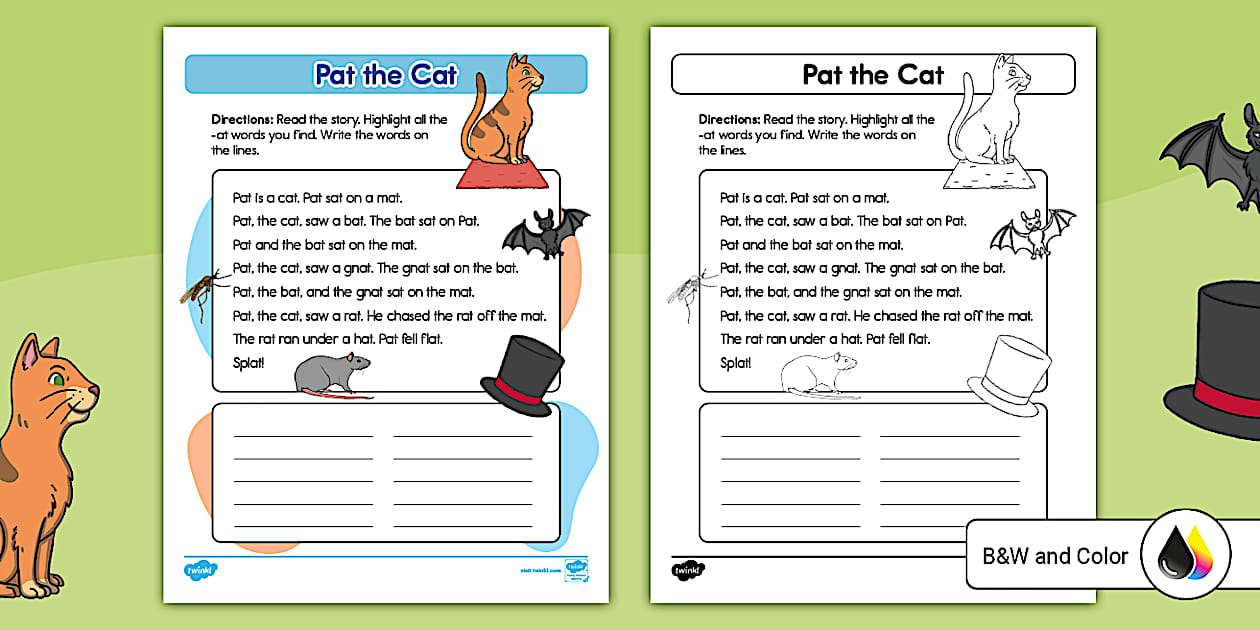 Pat the Cat Read, Highlight, and Write Word Family Worksheet for K-1st ...