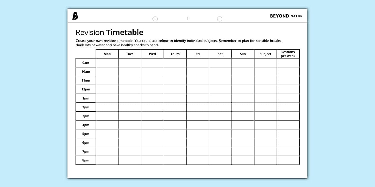 Secondary Revision Timetable Blank Template (teacher made)