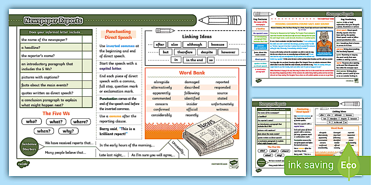 LKS2 Writing: Newspaper Reports Knowledge Organiser - Twinkl