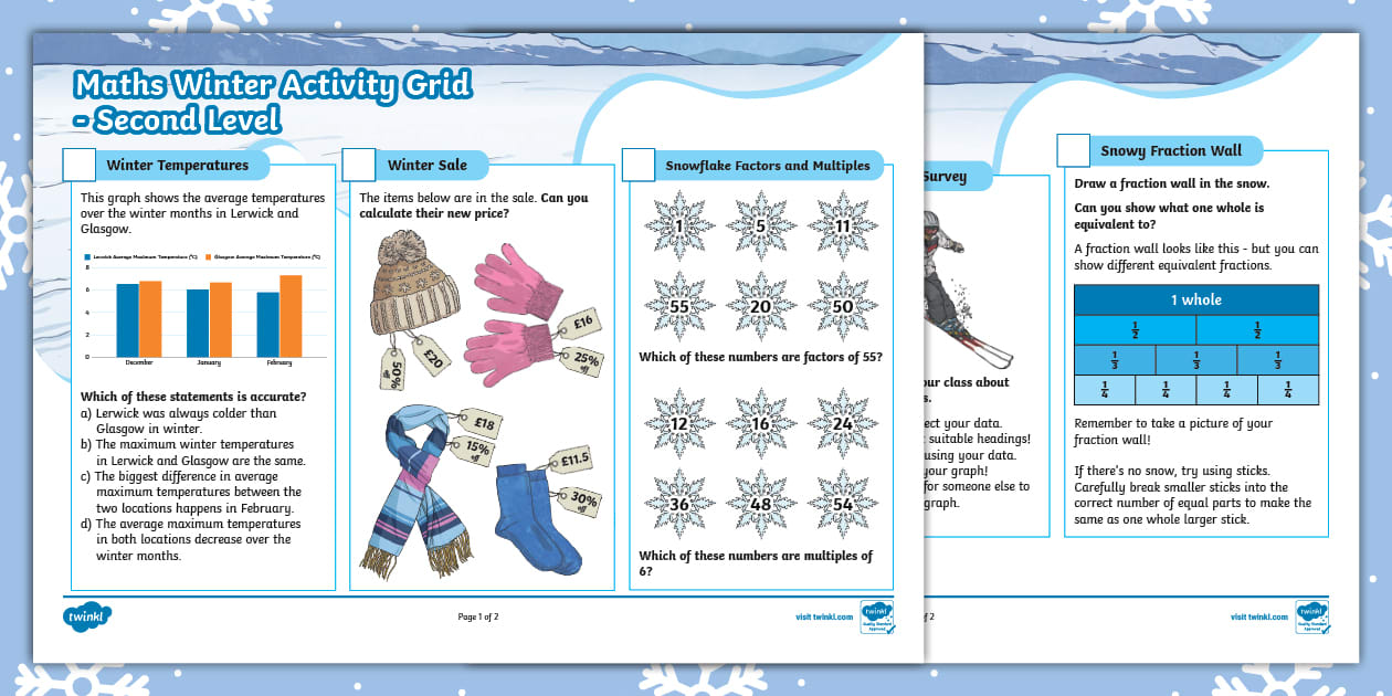 Maths Winter Activity Grid - Second Level (teacher made)