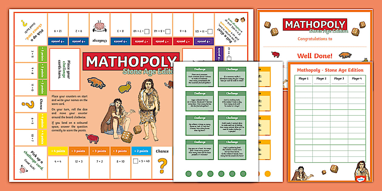 Stone Age Themed Times Table Mathopoly Board Game - Twinkl