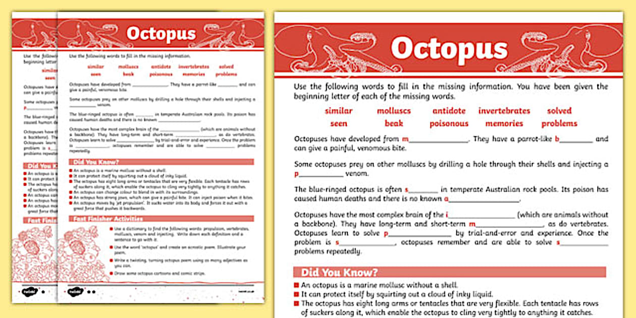 Middle Ability Australian Animals Years 3-6 Octopus Differentiated Cloze