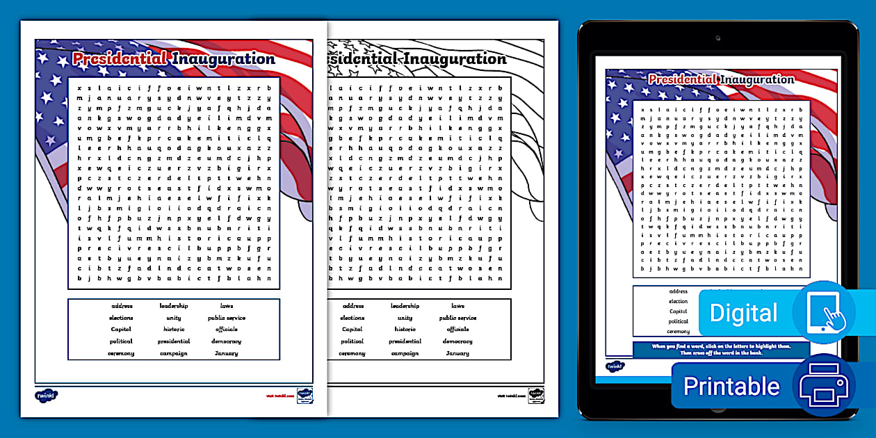 Presidential Inauguration Word Search for 6th-8th Grade