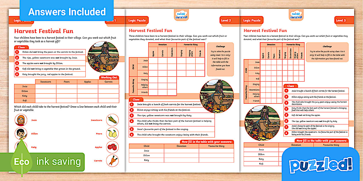 Fun Harvest Festival Logic Puzzle Pack - Kids Puzzles