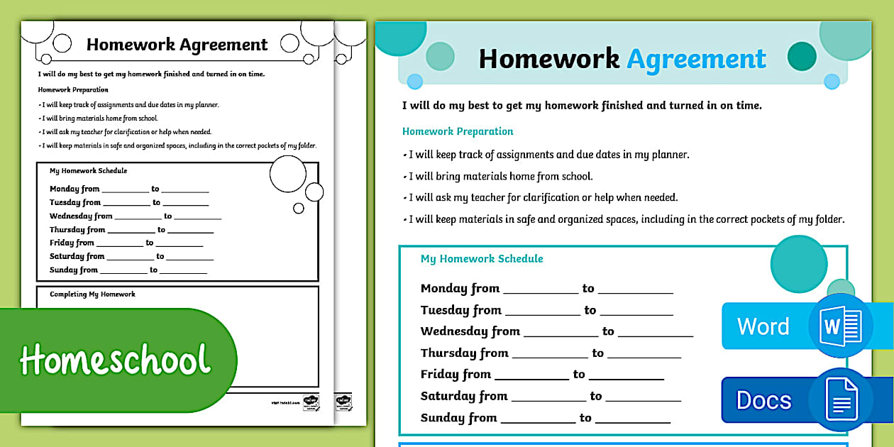 Editable Homework Agreement for Families Word & Google Docs