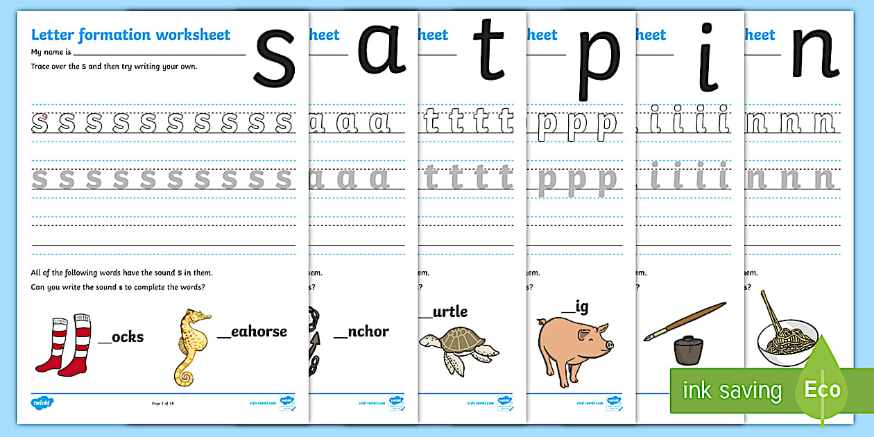 Letter Formation SATPIN Words Worksheets - EYLF - Phonics