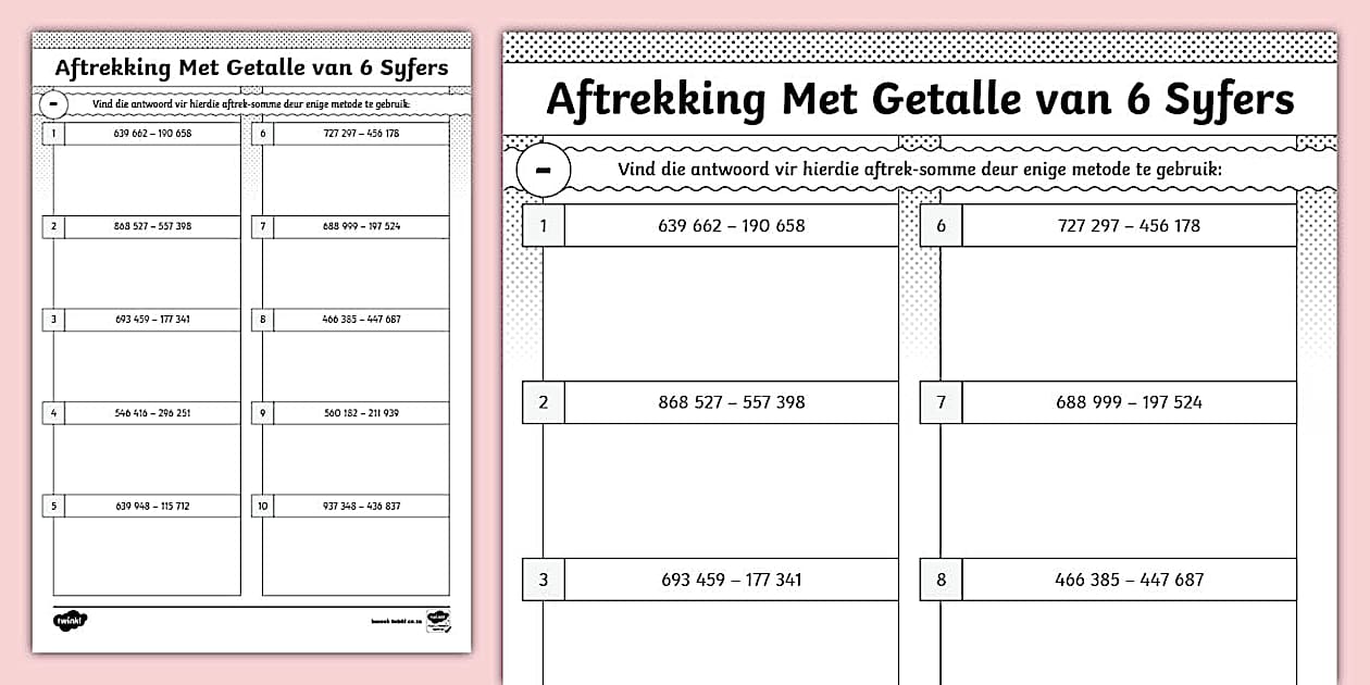 Aftrek van Getalle met 6 Syfers (teacher made) - Twinkl