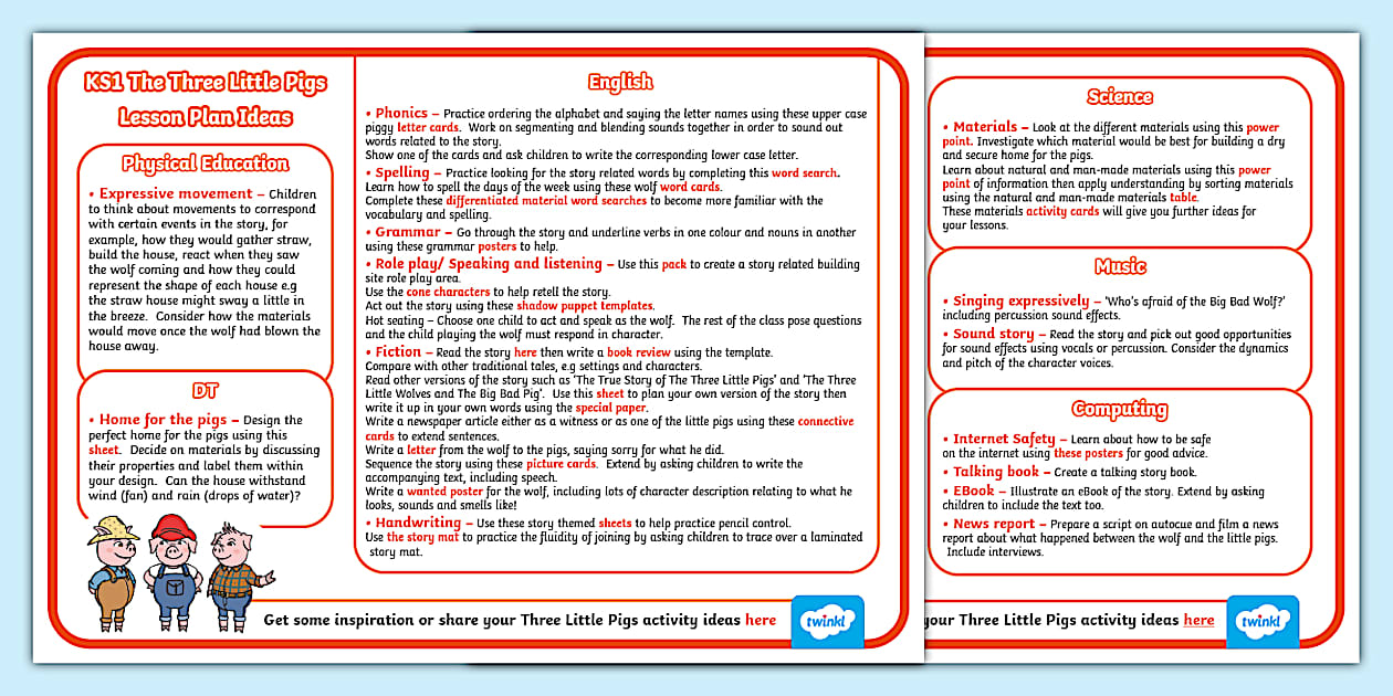 Editable The Three Little Pigs KS1 Lesson Plan Ideas