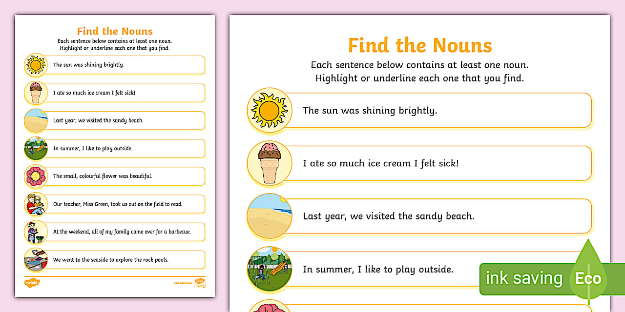 Summer Find the Nouns Worksheet - Twinkl