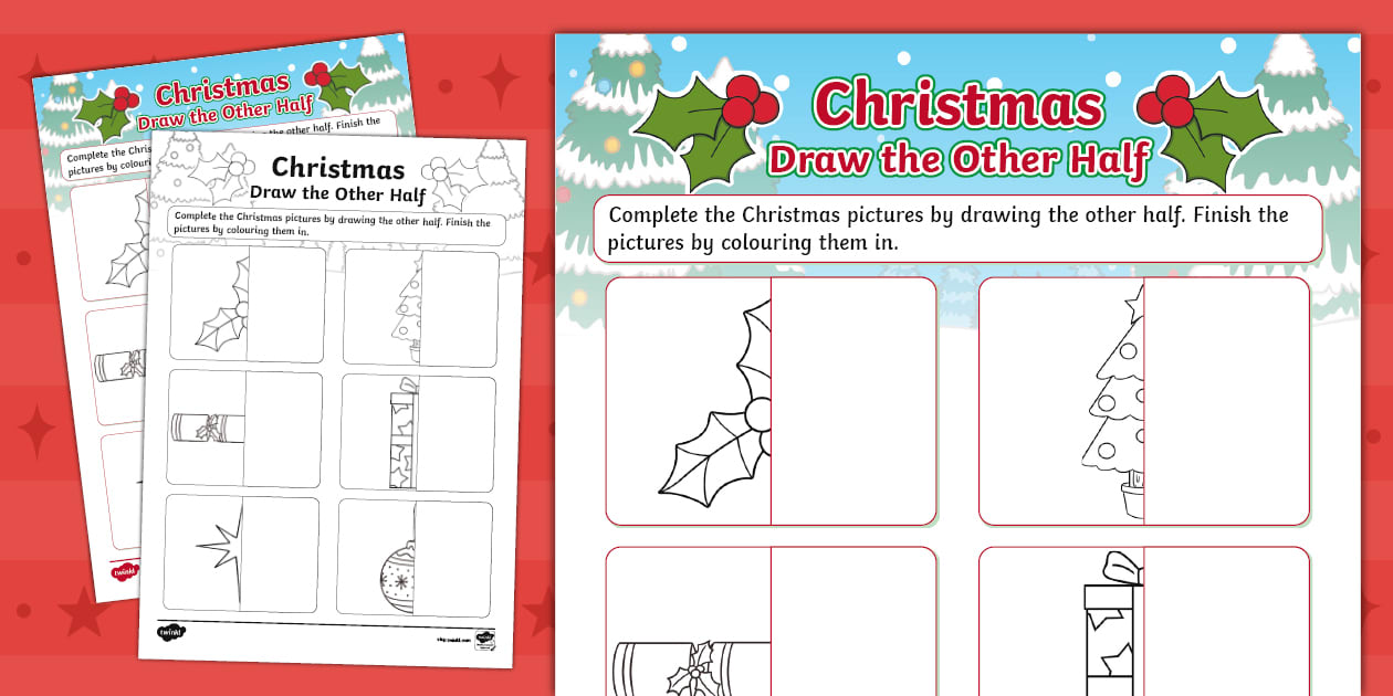 Christmas-Themed Draw the Other Half Activity - Twinkl - KS1