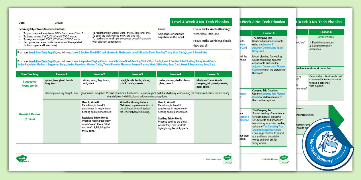 Adjacent Consonants No-Tech Lesson Plan - Level 4 Week 3