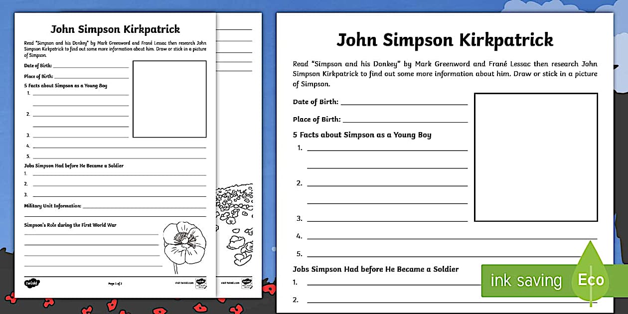 Anzac Day - Simpson Research Worksheet / Worksheet
