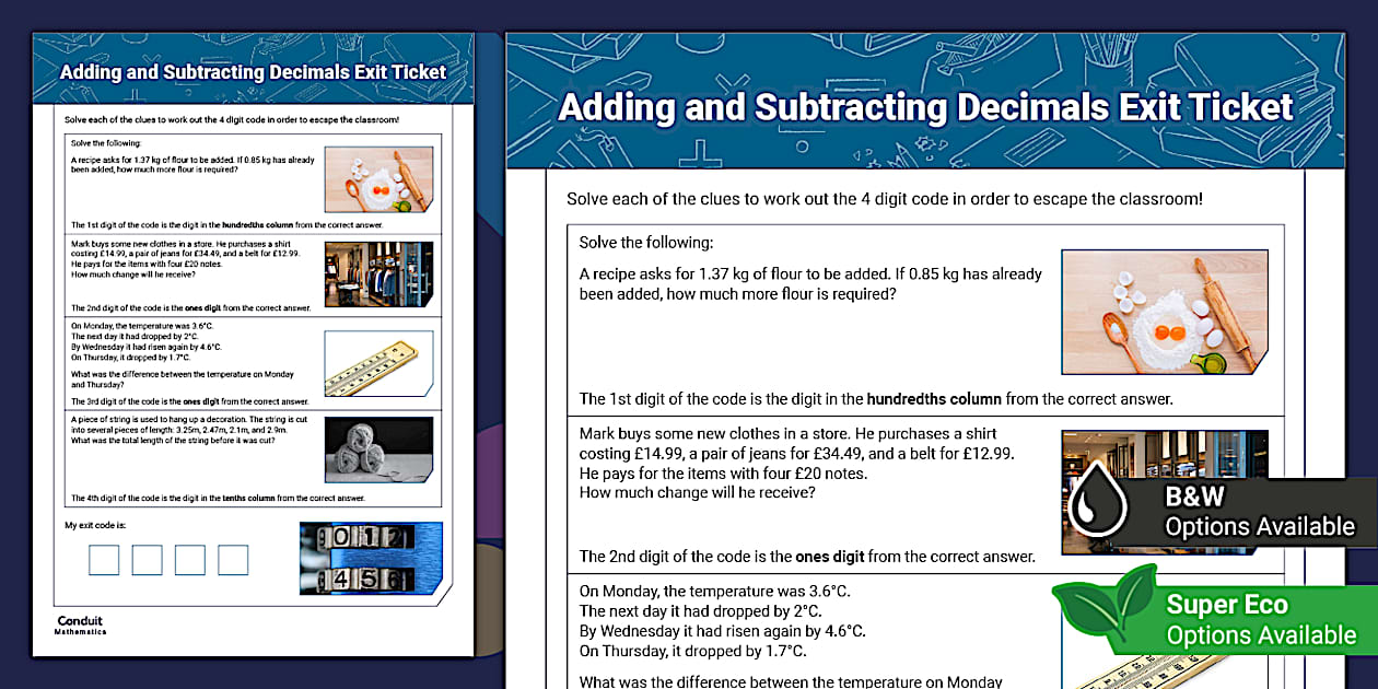 Adding and Subtracting Decimals Exit Ticket (teacher made)