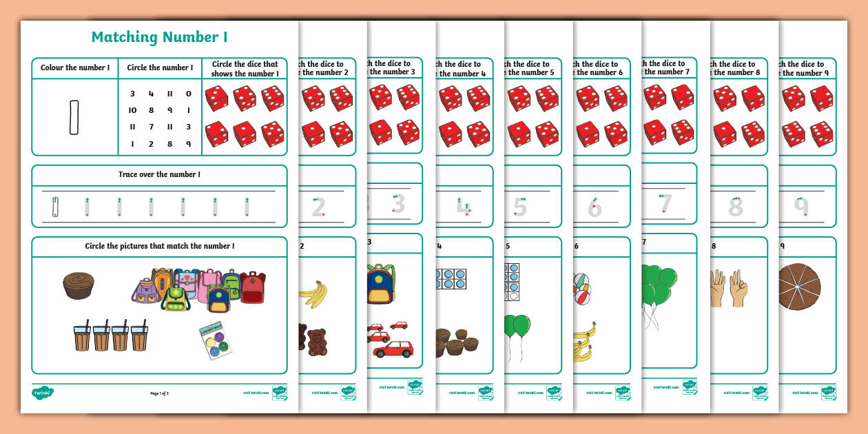 👉 Matching Numbers 1 - 9 Worksheet Pack (professor feito)