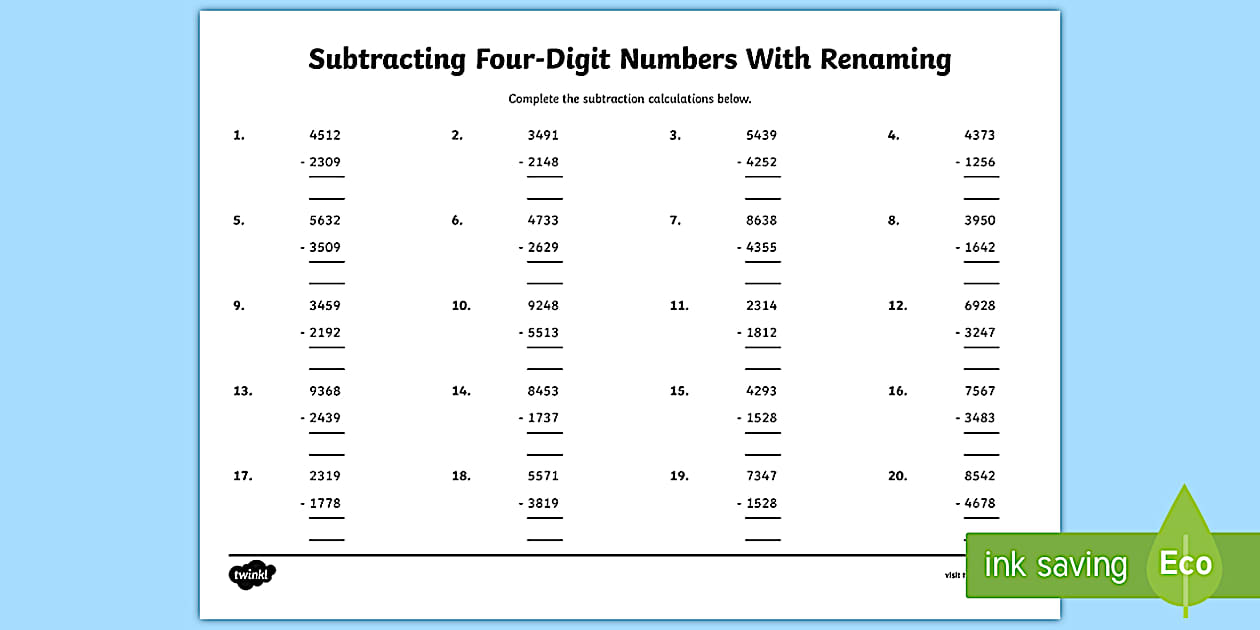 Subtracting Four-Digit Numbers without Renaming Worksheet
