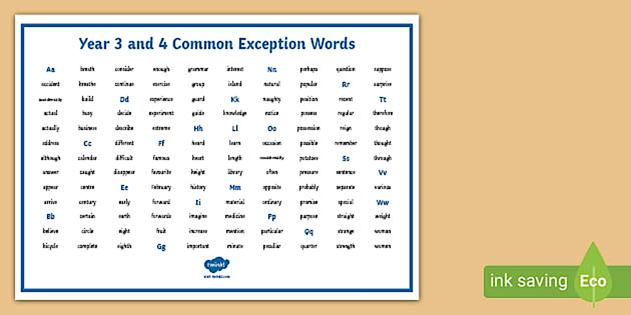 Year 3 and 4 Common Exception Words Word Mat - Twinkl