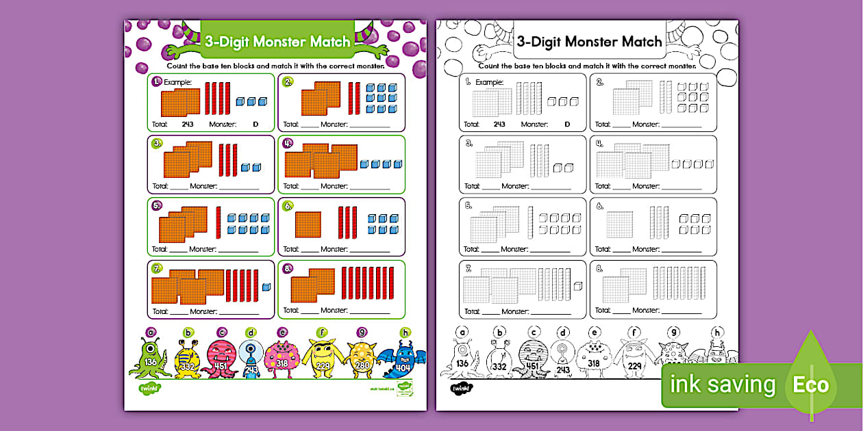 Monster Math Place Value to 100s Worksheet (teacher made)