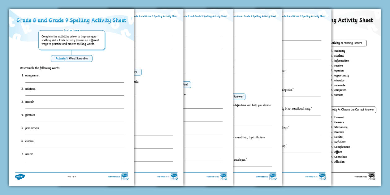 Grade 8 and Grade 9 Spelling Activity Sheet - Twinkl