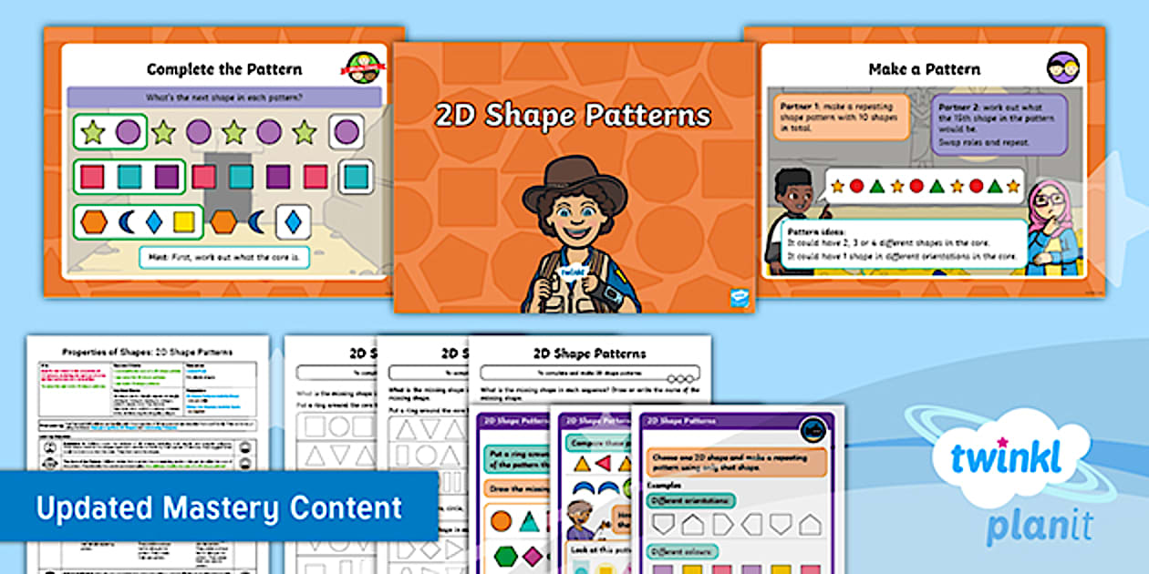 👉 Y2 identify describe pattern 2D shapes Planit Maths Lesson 8