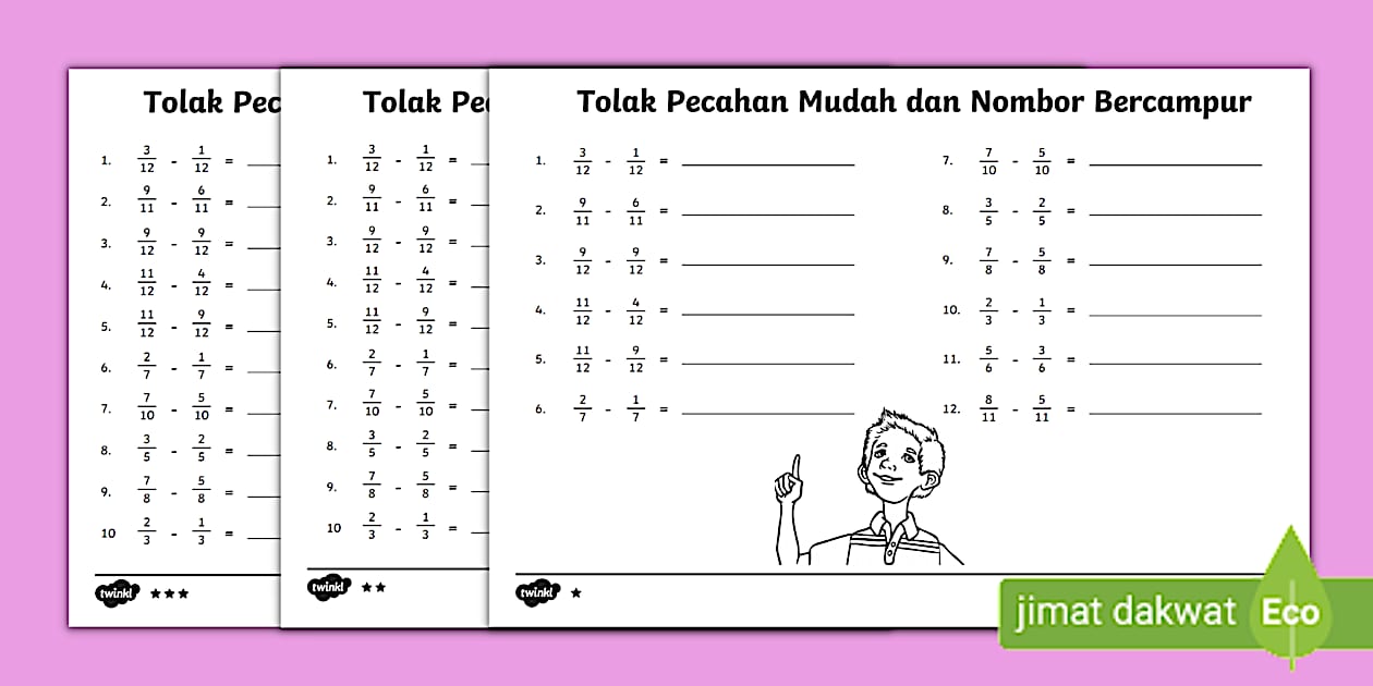 Operasi Tolak Pecahan Mudah dan Nombor Bercampur - Twinkl