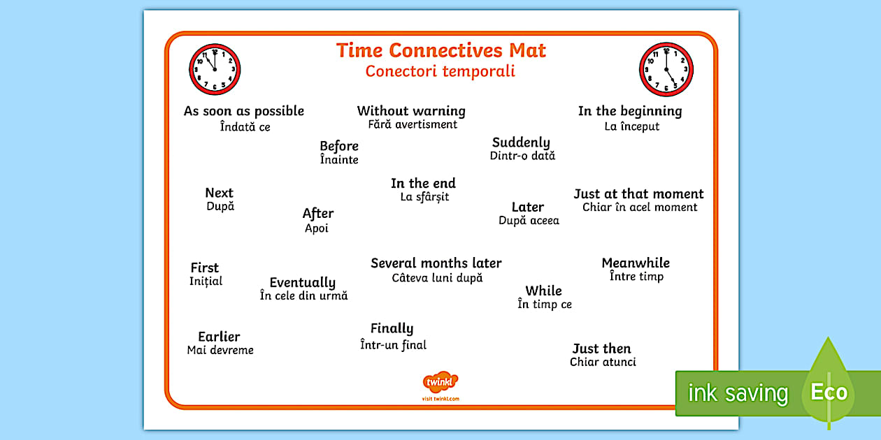 Time Conjunctions Word Mat English/Romanian - Time Conjunctions Word Mat