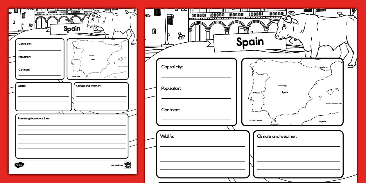 All About Spain Research Worksheet for K-2nd Grade - Twinkl
