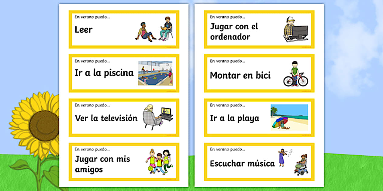 Cursive Spanish Summer Free Time Activities Word Cards